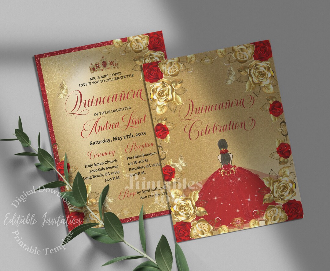 Quinceanera Invitation Red and Gold + Back Side, Editable Princess ...