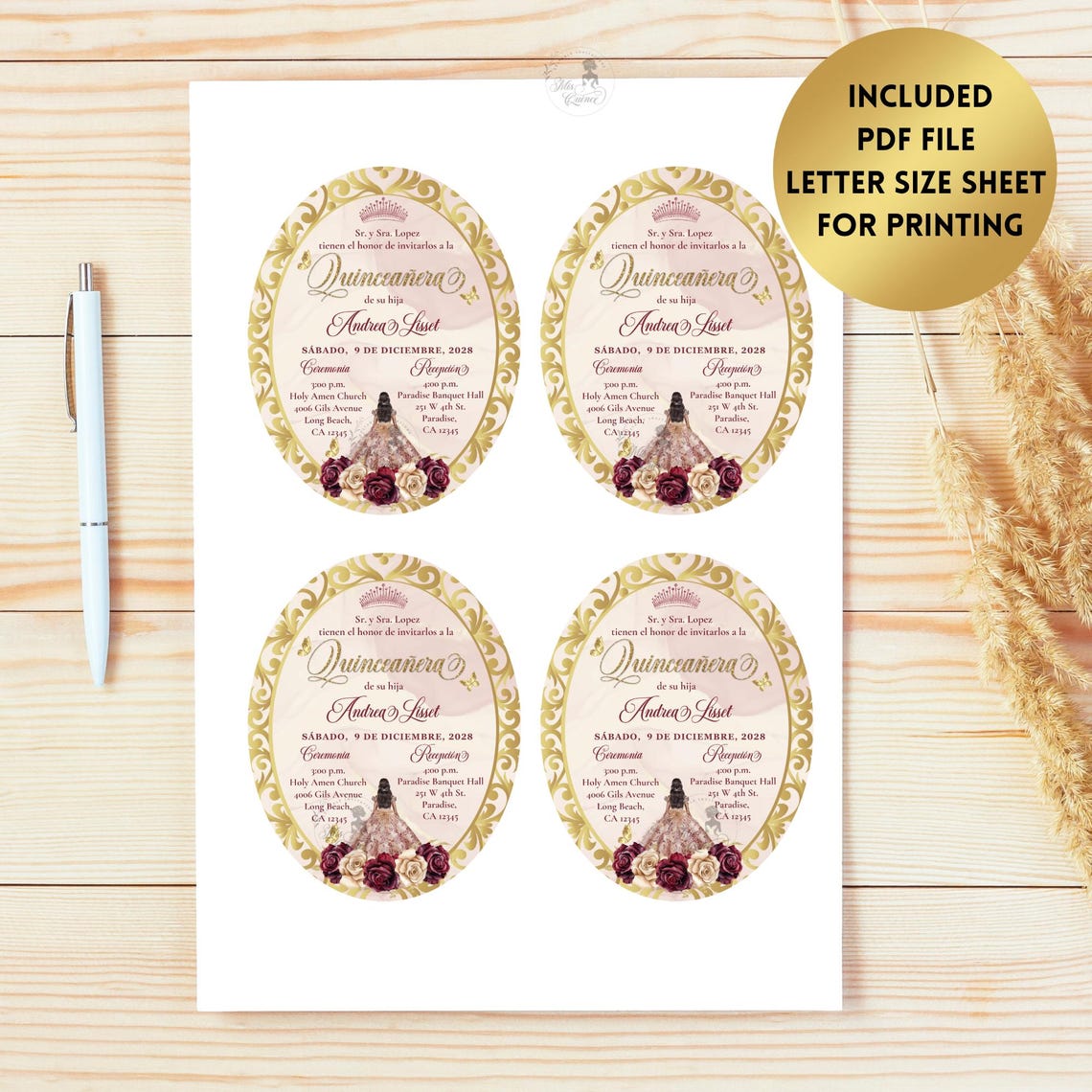 Burgundy and Beige Quinceanera Invitation Oval Invitation Hand Held ...