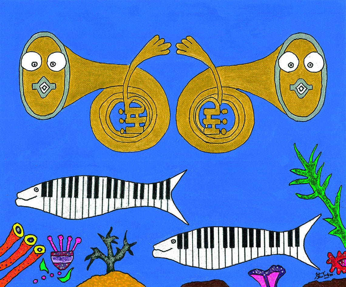Piano, French Horn Musical Fish. Original Acrylic Painting Print, Blank ...