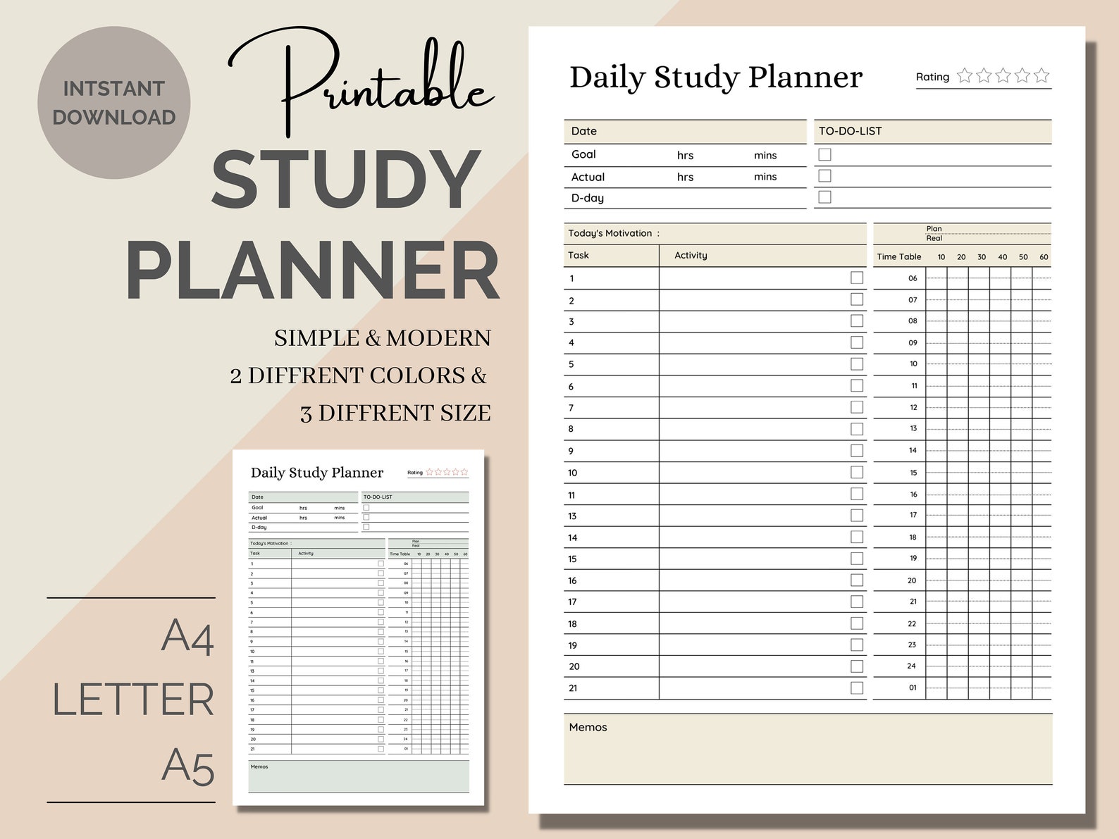 Minimal Daily Study Planner / Printable Planner / Exam / Digital ...