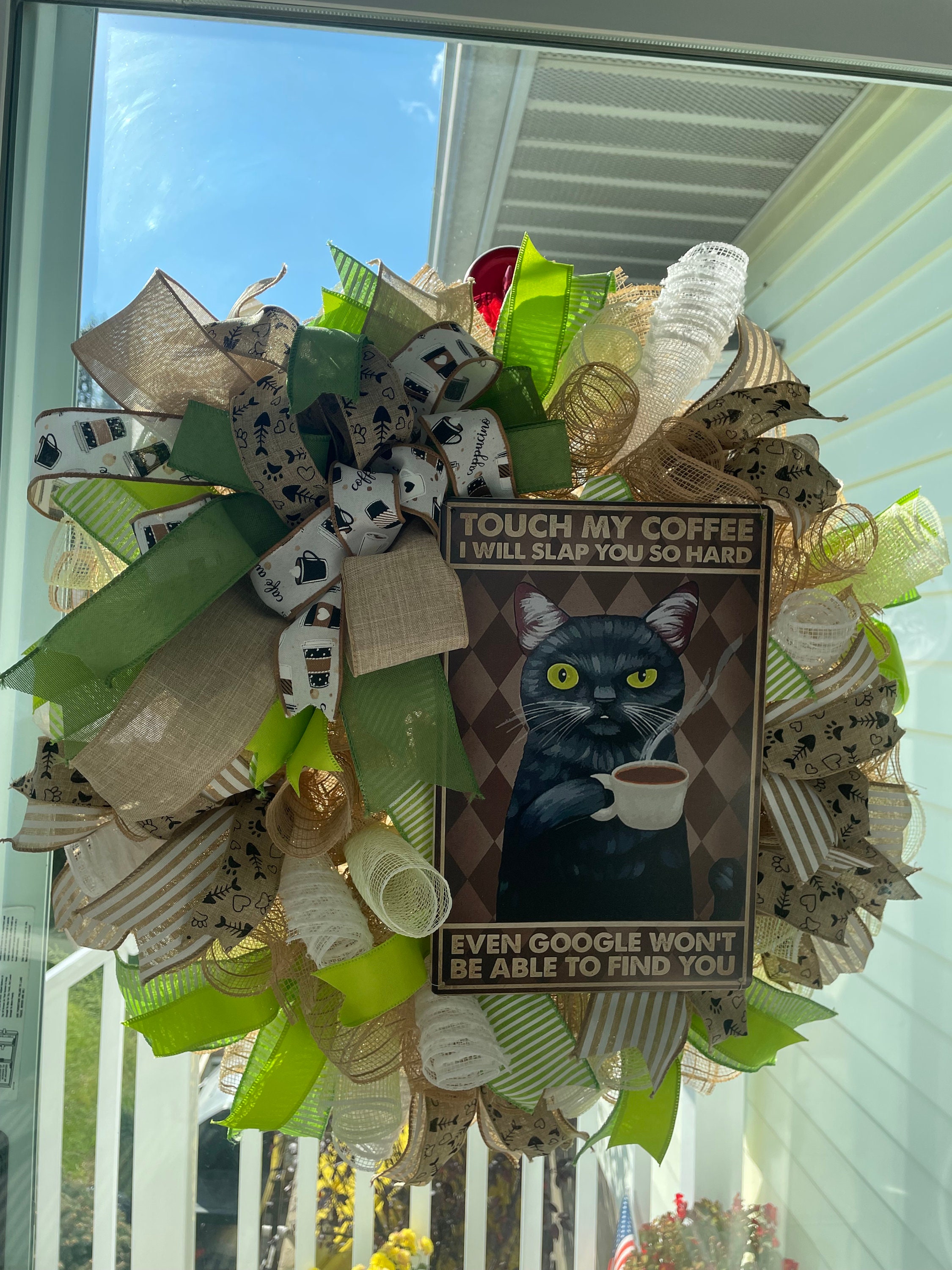 Funny Cat Deco Mesh Wreath, Black Cat Wreath, Coffee Wreath, Coffee ...