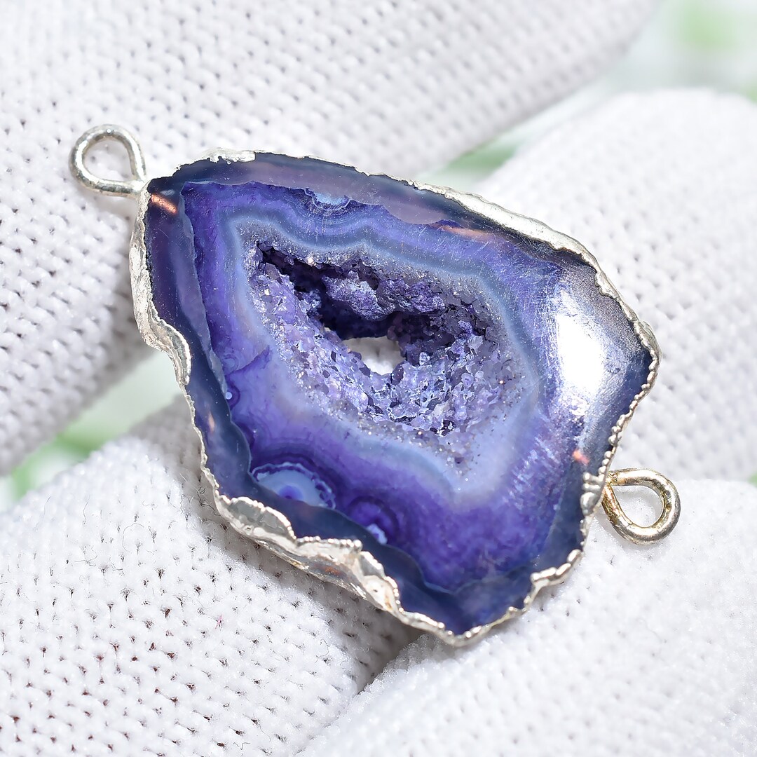 Elegant Purple Agate Connectors, Double Bail, Druzy Agate Geode Connectors, Purple Silver ...