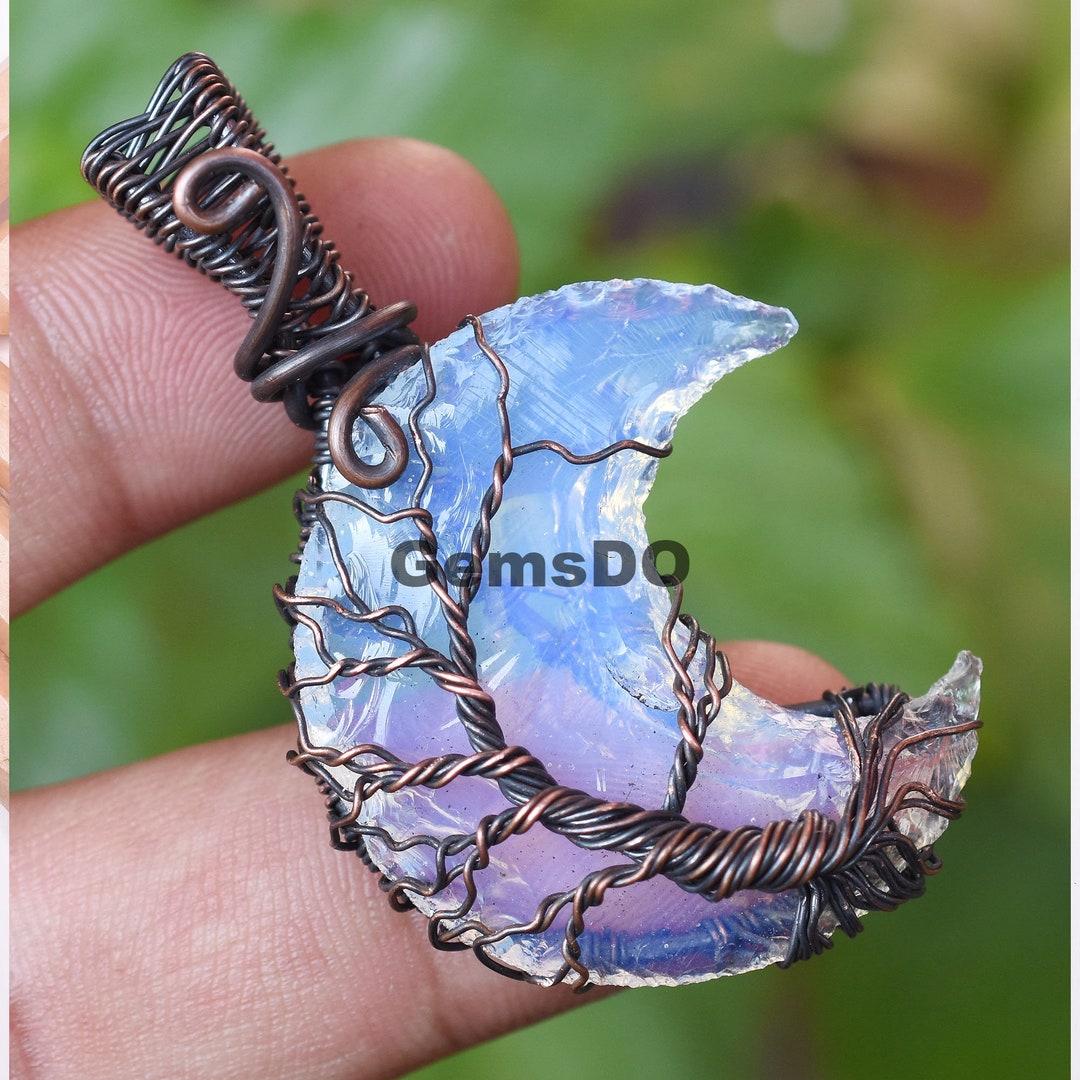 Tree of Ghost Opalite Crescent Moon Pendant, Opalite Gemstone Jewelry ...