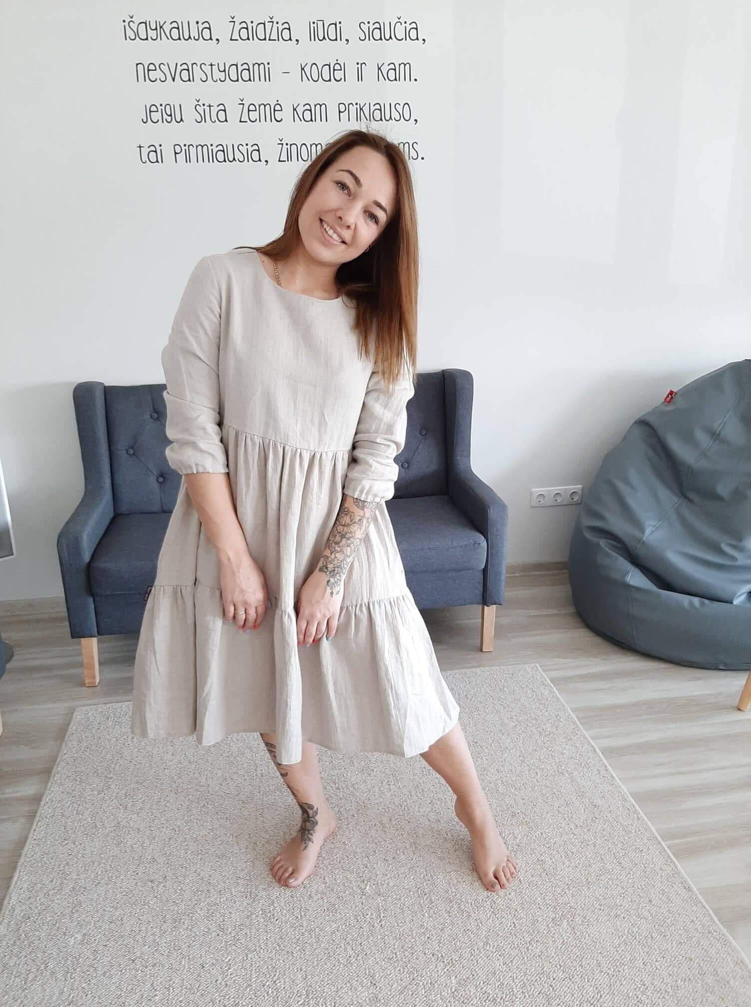 Short Linen Dress | Flowy Dress With Sleeves | Retro Linen Dress ...