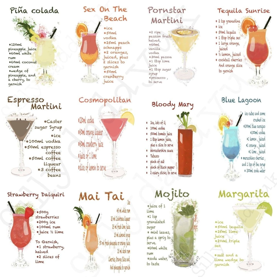 12 recetas de cócteles clásicos, imágenes dibujadas a mano disponibles ...