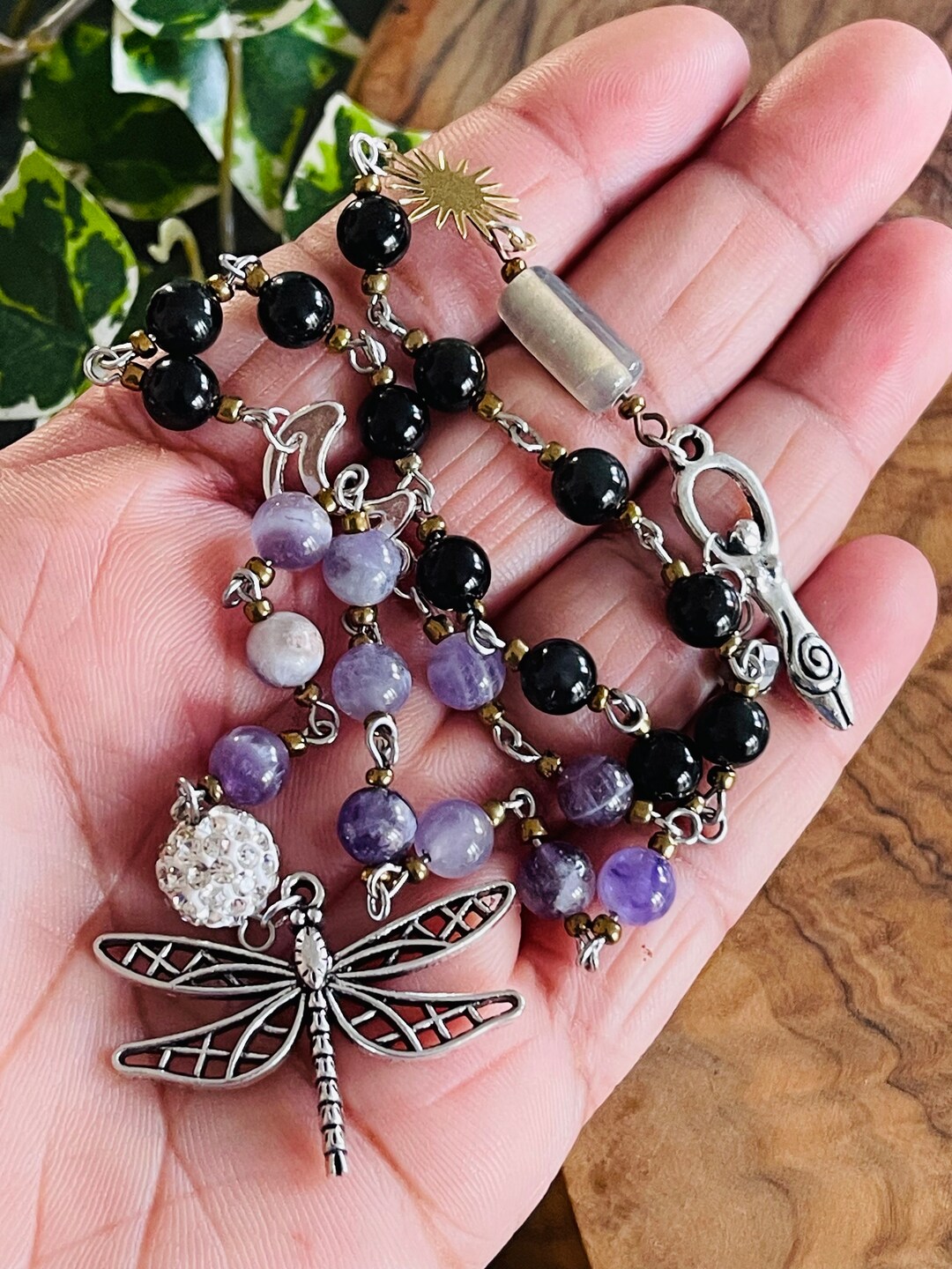Amethyst & Obsidian Rosary - Dragonfly, Spiral Goddess, Pagan Wicca - Etsy