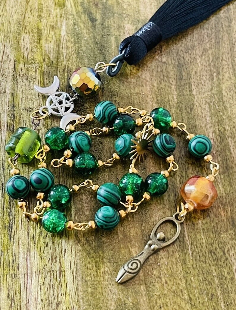 Triple Moon Goddess Green Malachite Crystal Rosary Wicca Witch Pagan ...