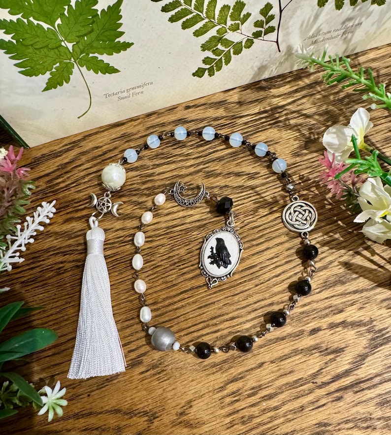Hecate Moon Goddess Crone Rosary - Black Obsidian & Opalite Pagan Altar ...