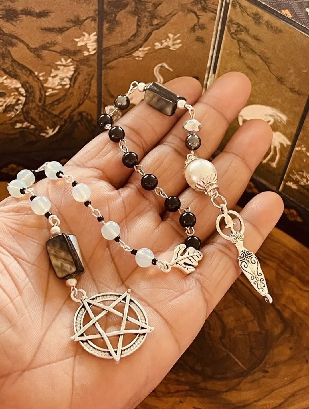 Hecate Goddess Crone Power Rosary - Obsidian Opalite Hematite Ritual ...