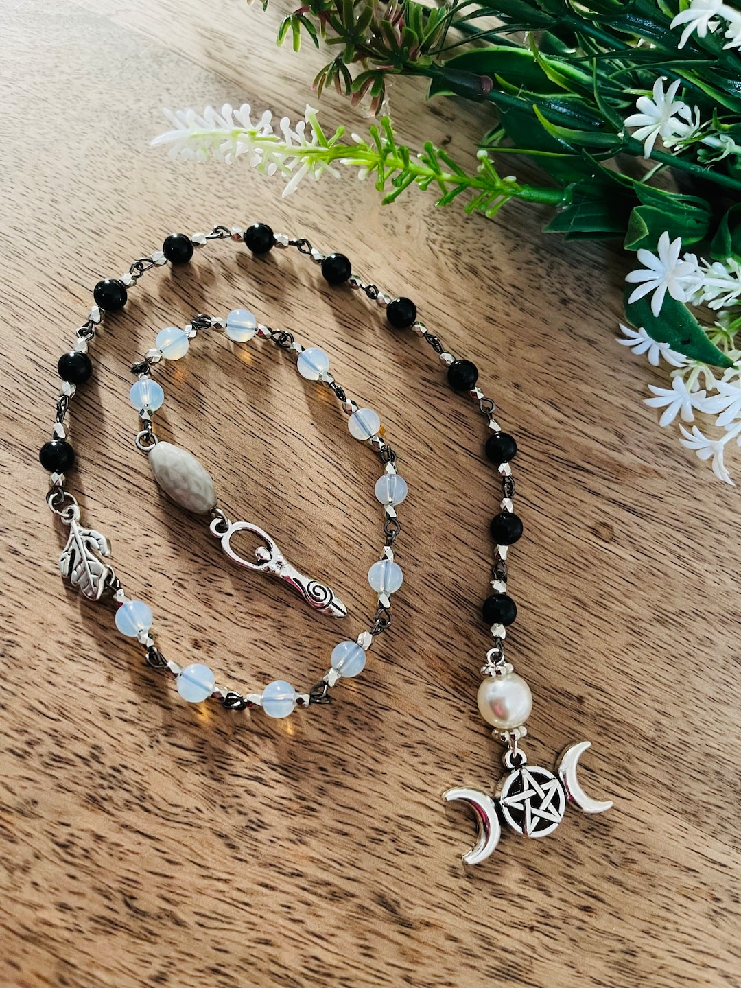 Hecate Triple Moon Goddess Crone Rosary Black Obsidian and Opalite ...