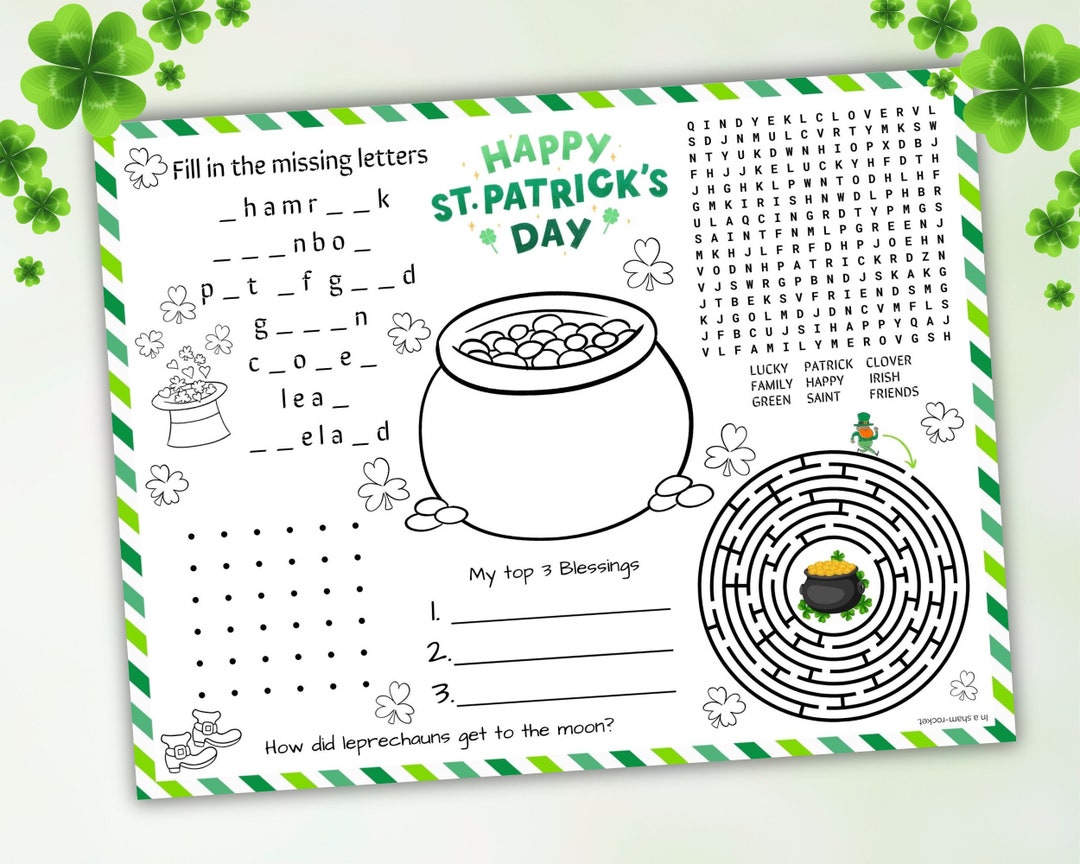 St. Patrick's Day Activity Placemat, Activity Placemat for Kids, St ...