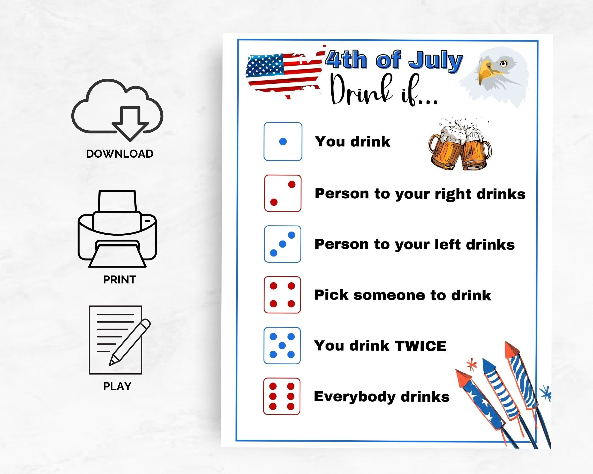 Patriotic Drinking Game for Adults, 4th of July Drinking Dice Game, 4th ...