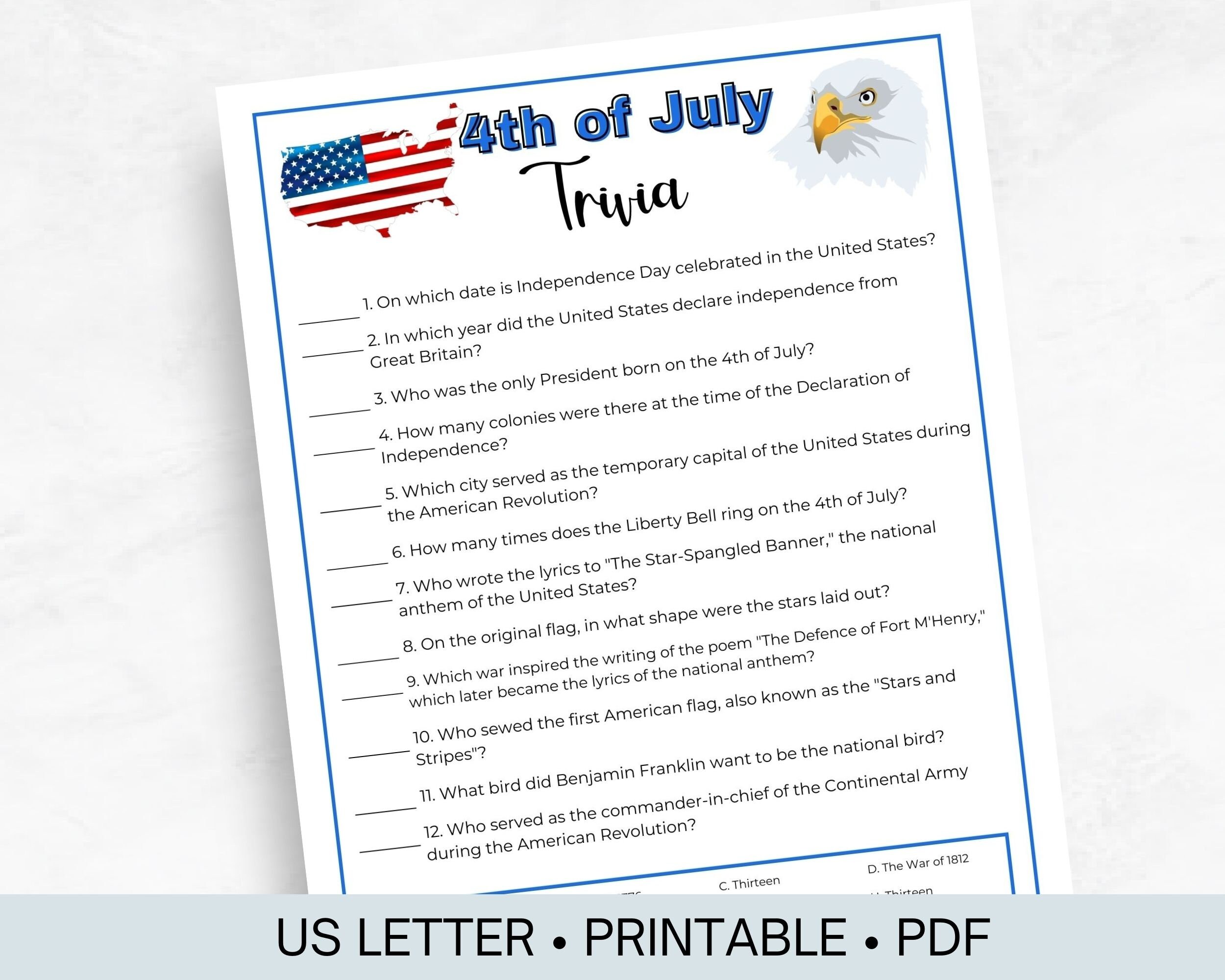 4th of July Trivia Questions Printable, Patriotic Trivia Questions and ...