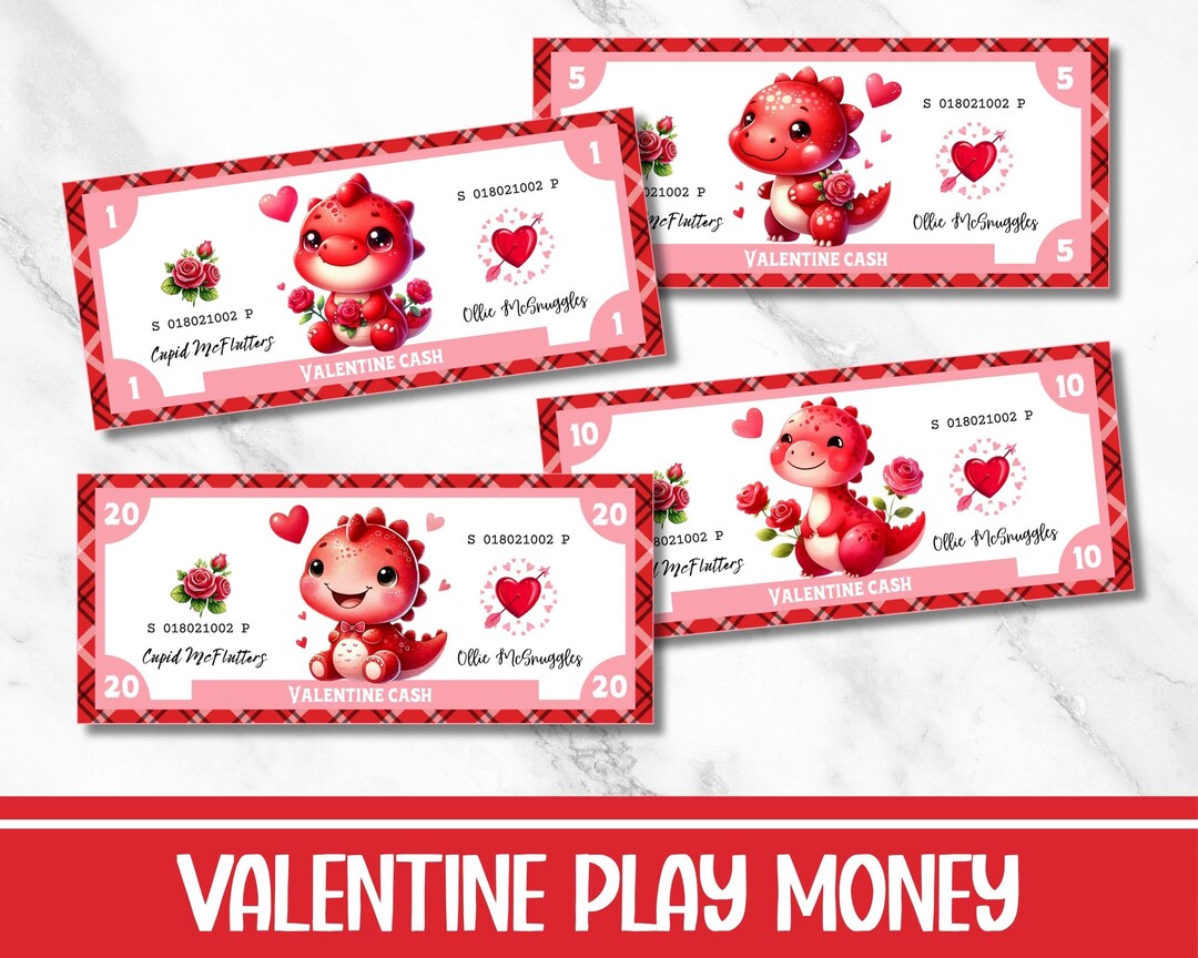 Valentine Play Money, Dinosaur Reward Bucks, Classroom Money, Pretend ...