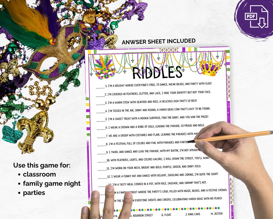 Mardi Gras Riddles and Answers, Mardi Gras Trivia Printable, Mardi Gras ...