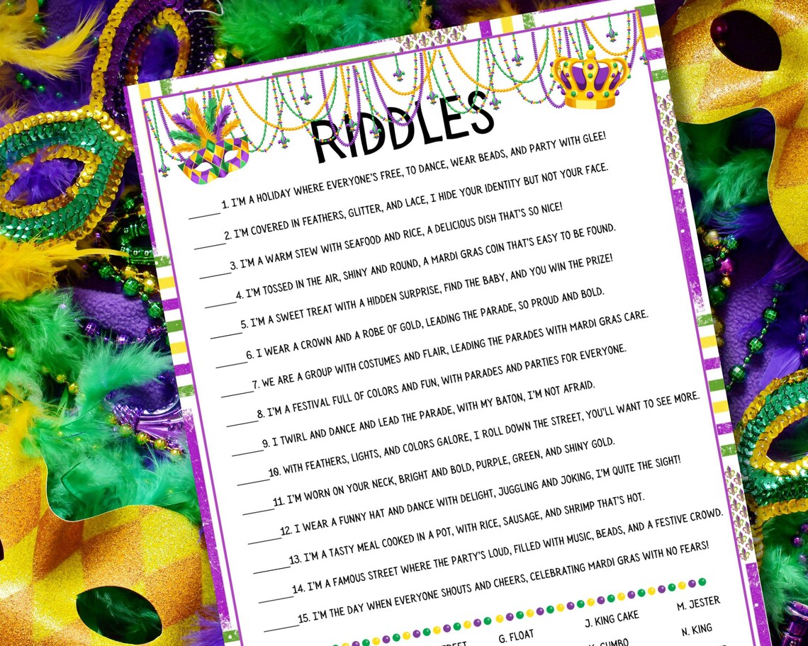 Mardi Gras Riddles and Answers, Mardi Gras Trivia Printable, Mardi Gras ...