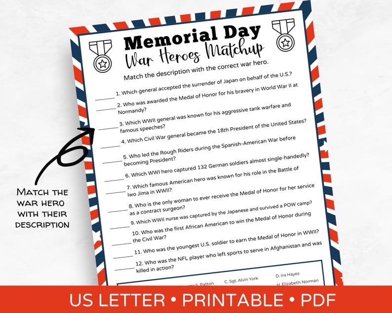 Memorial Day Trivia Questions, War Heroes Trivia Game Printable ...