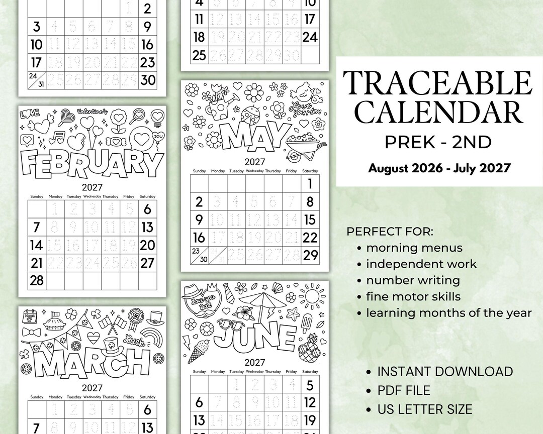 Traceable Monthly Calendar 2026-27, Coloring Calendar Printable ...