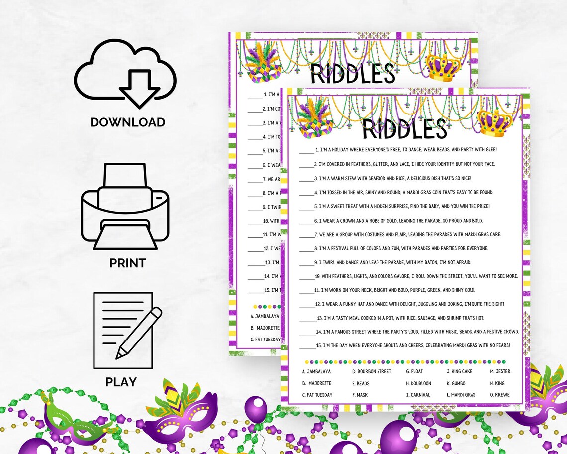 Mardi Gras Riddles and Answers, Mardi Gras Trivia Printable, Mardi Gras ...