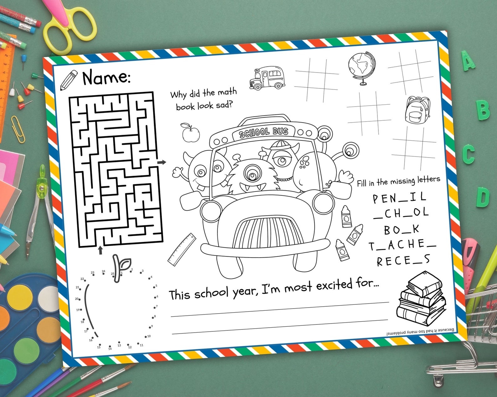 Activity Placemat Back to School, Welcome Back Coloring Placemat, First ...