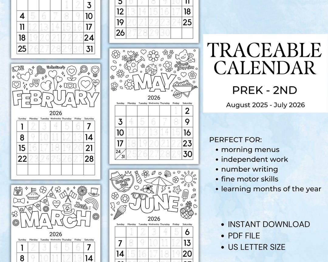Traceable Monthly Calendar 2025-26, Coloring Calendar Printable ...