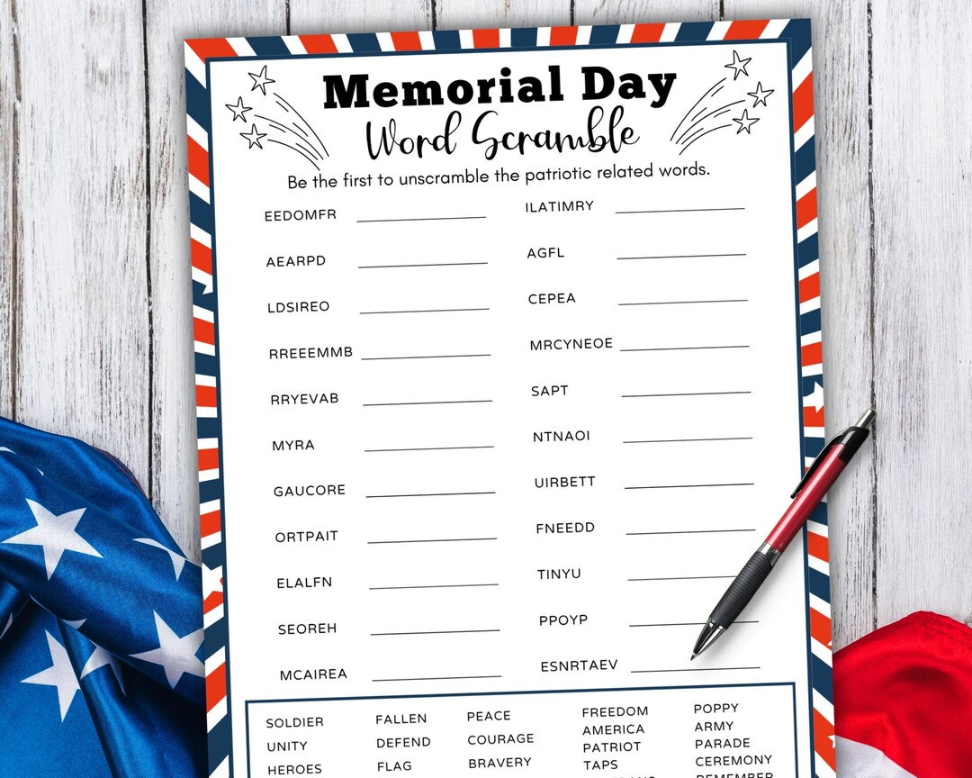 Memorial Day Word Scramble Game, Memorial Day Activity for Kids and ...
