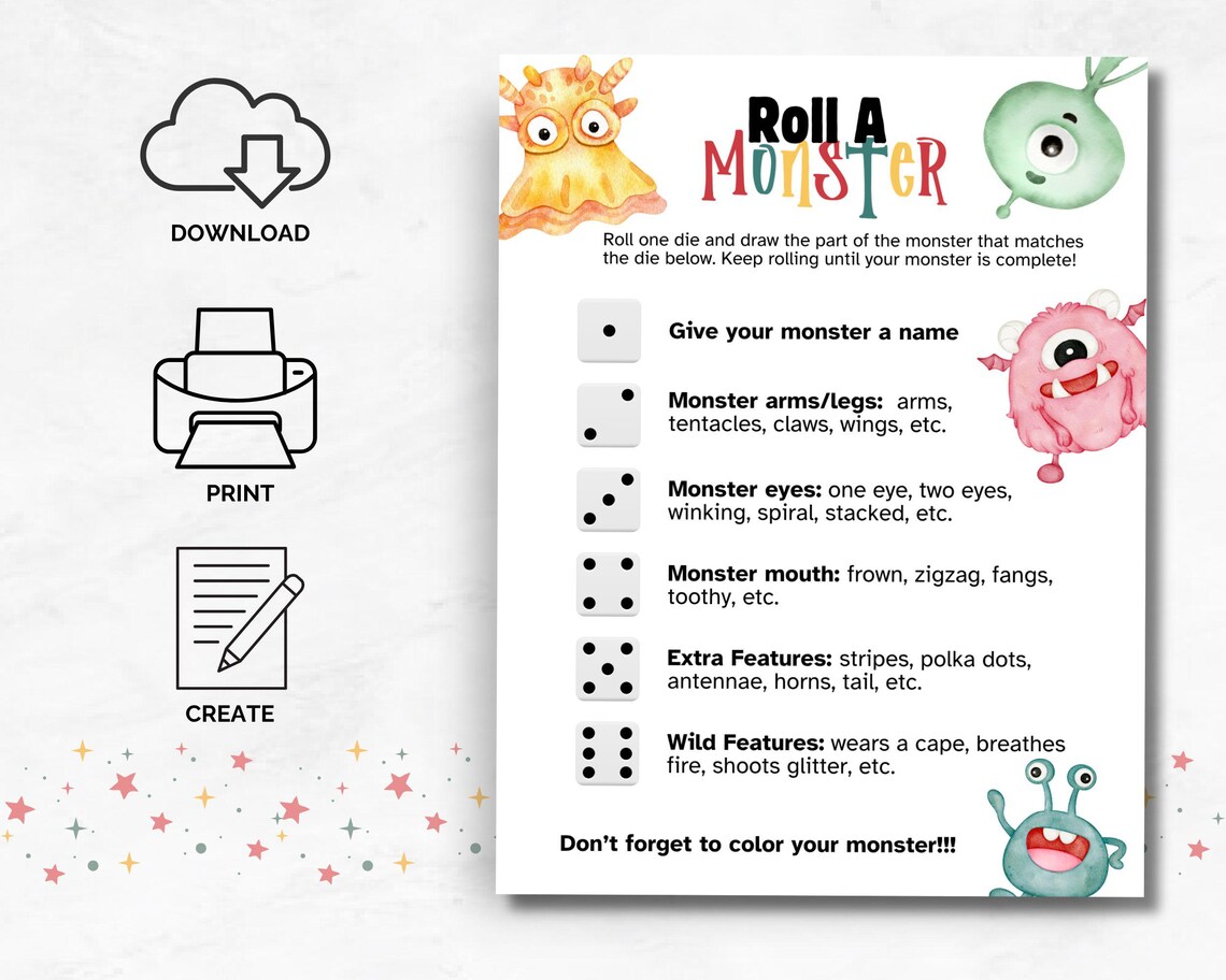 Halloween Games for Kids, Printable Roll a Monster Dice Game, Build a ...