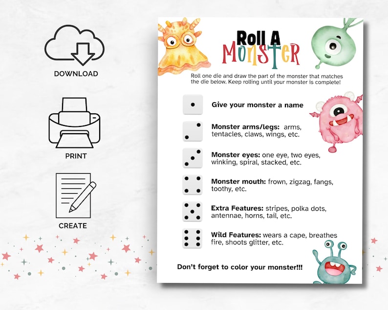 Halloween Games for Kids, Printable Roll a Monster Dice Game, Build a ...