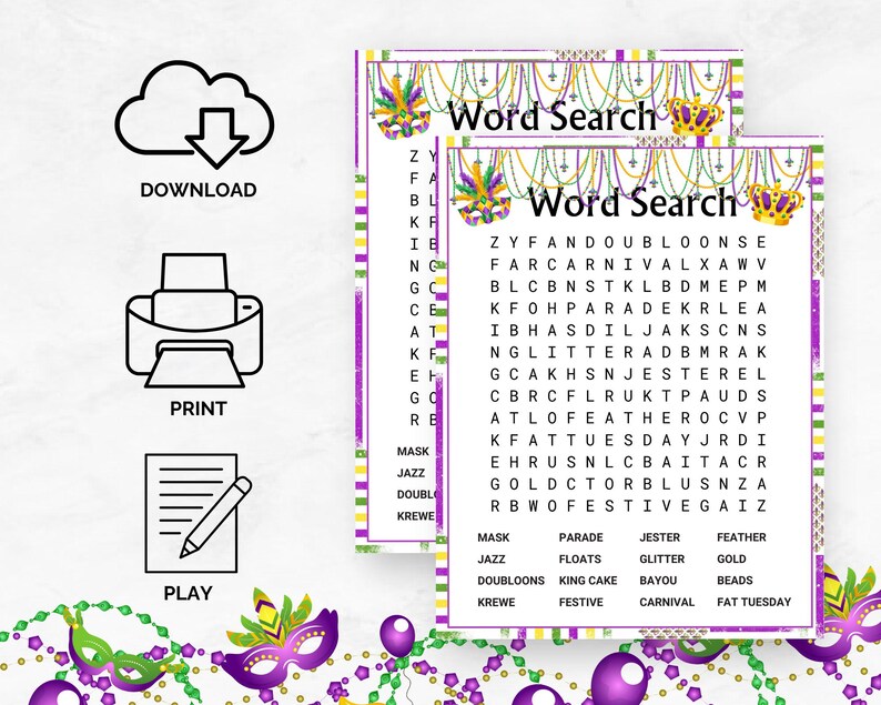 Mardi Gras Word Search Puzzle Printable, NOLA Word Search Game, Word ...