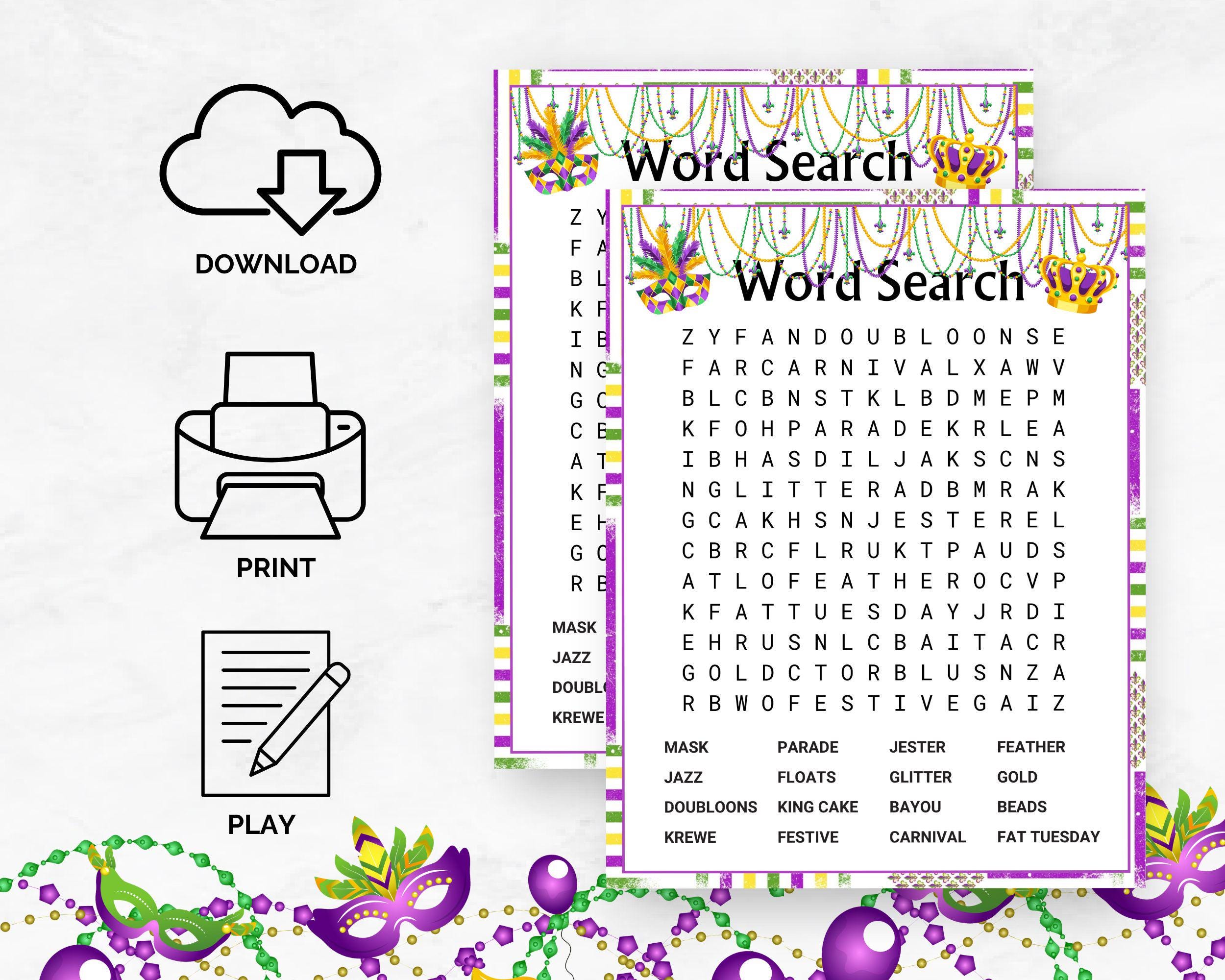 Mardi Gras Word Search Puzzle Printable, NOLA Word Search Game, Word ...