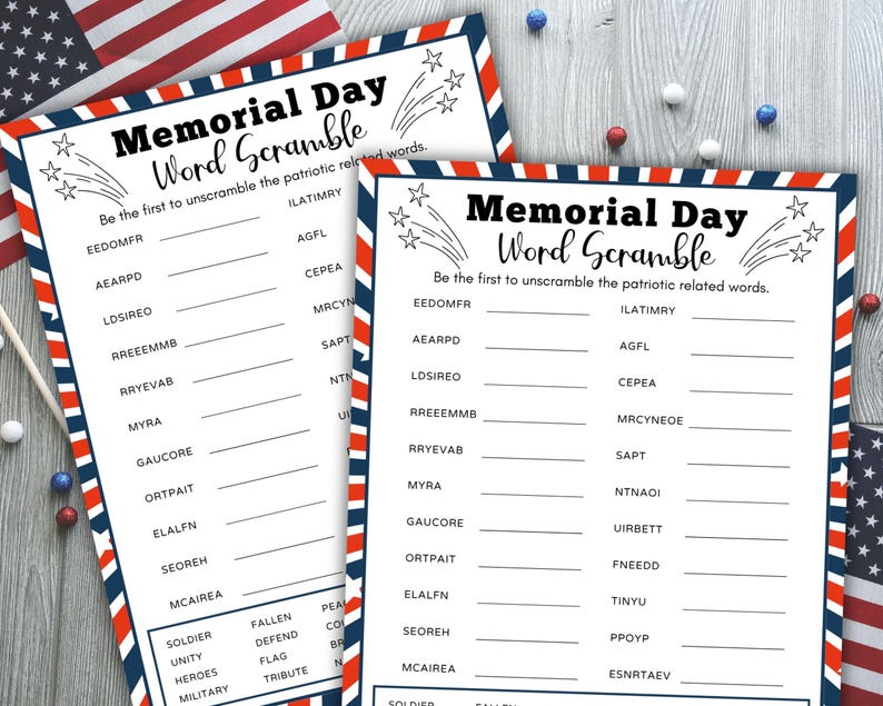 Memorial Day Word Scramble Game, Memorial Day Activity for Kids and ...