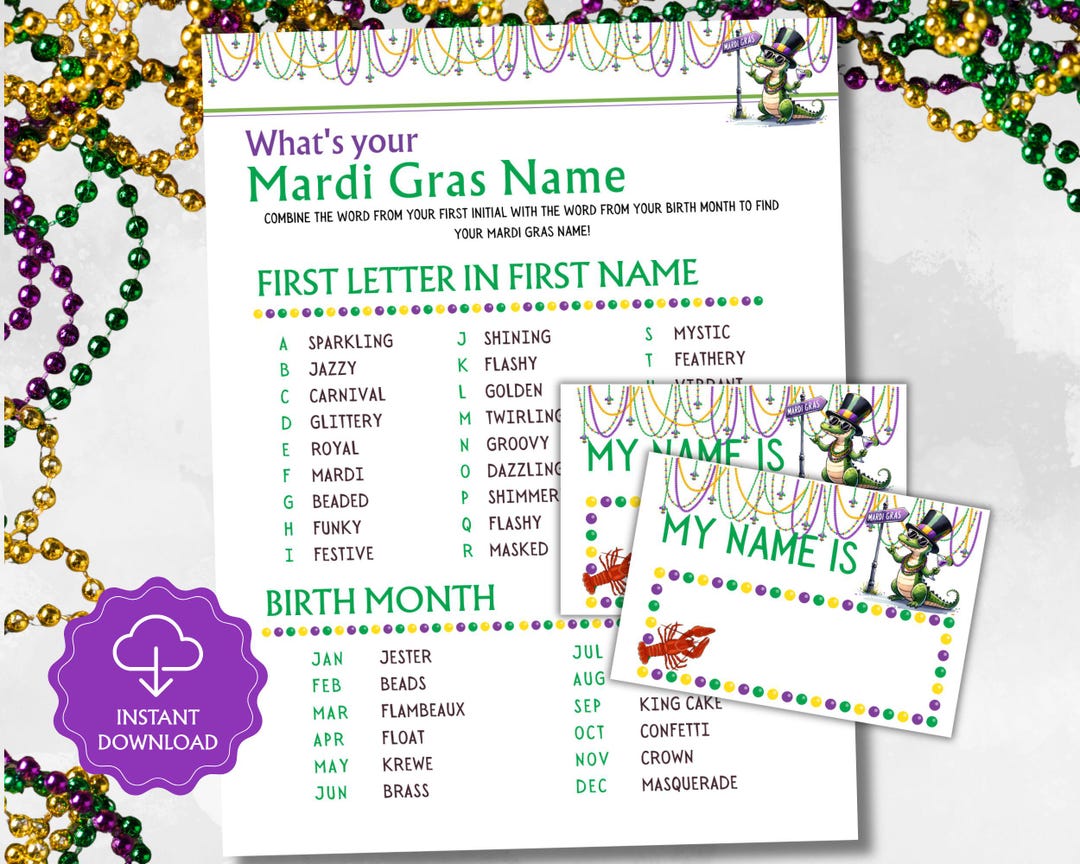What is Your Mardi Gras Name Game Printable, New Orleans Party Game ...