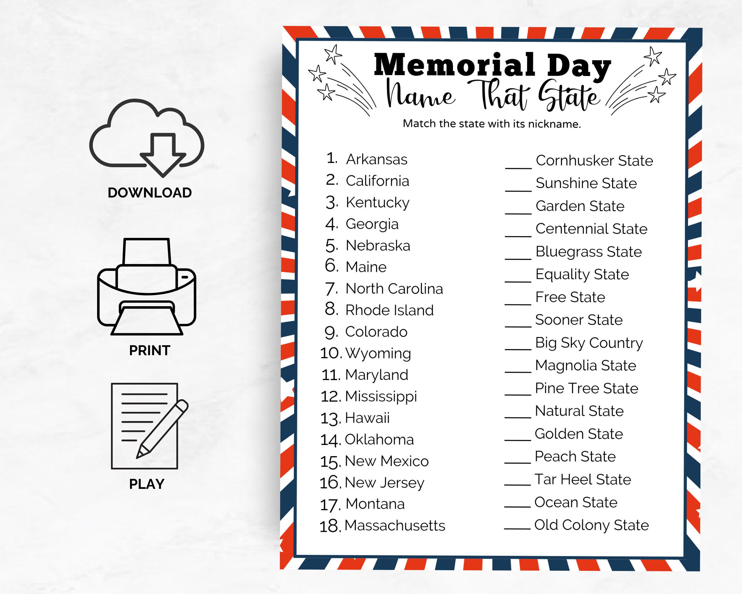 Memorial Day Games, Name the States Quiz, State Matching Game, Memorial ...
