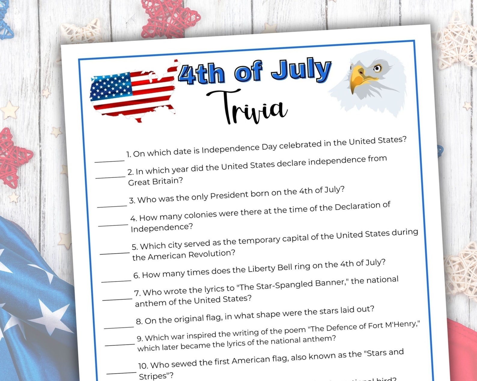 4th of July Trivia Questions Printable, Patriotic Trivia Questions and ...
