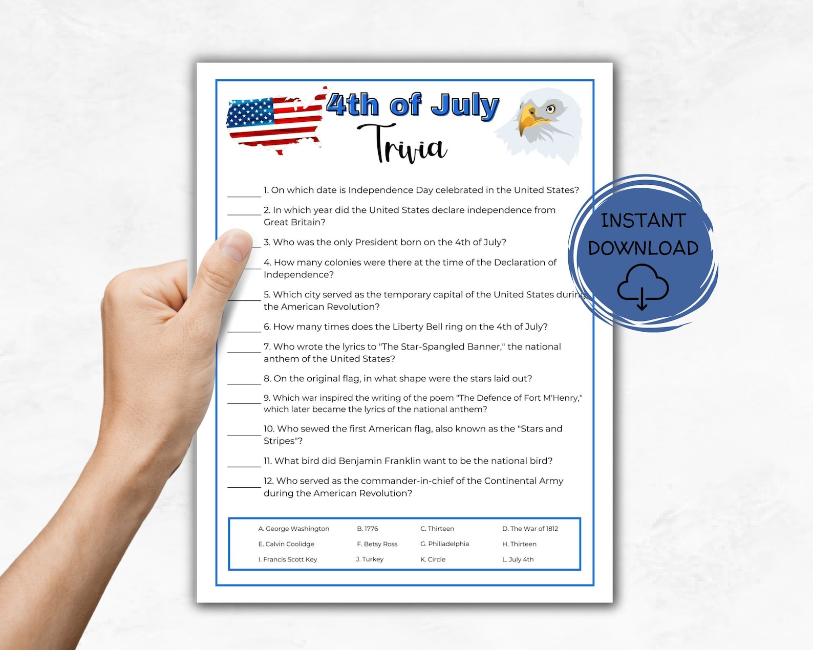 4th of July Trivia Questions Printable, Patriotic Trivia Questions and ...