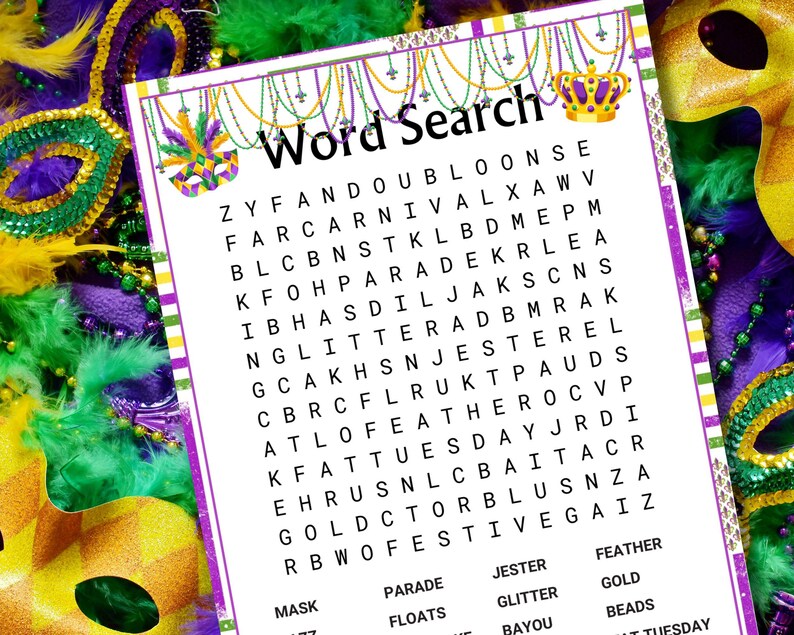 Mardi Gras Word Search Puzzle Printable, NOLA Word Search Game, Word ...