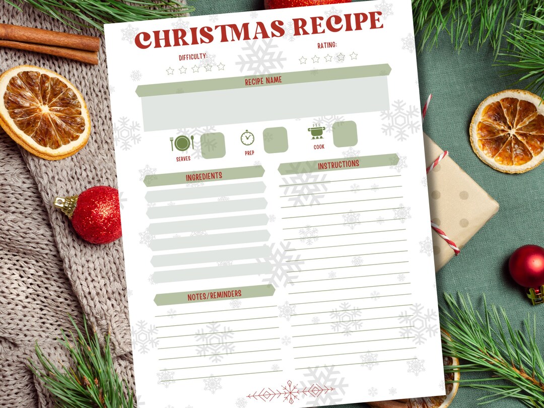 Christmas Recipe Card Template, Fillable Holiday Recipe Printable ...