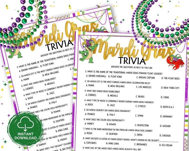 Mardi Gras Trivia Printable Party Game for Kids and Adults, Family ...