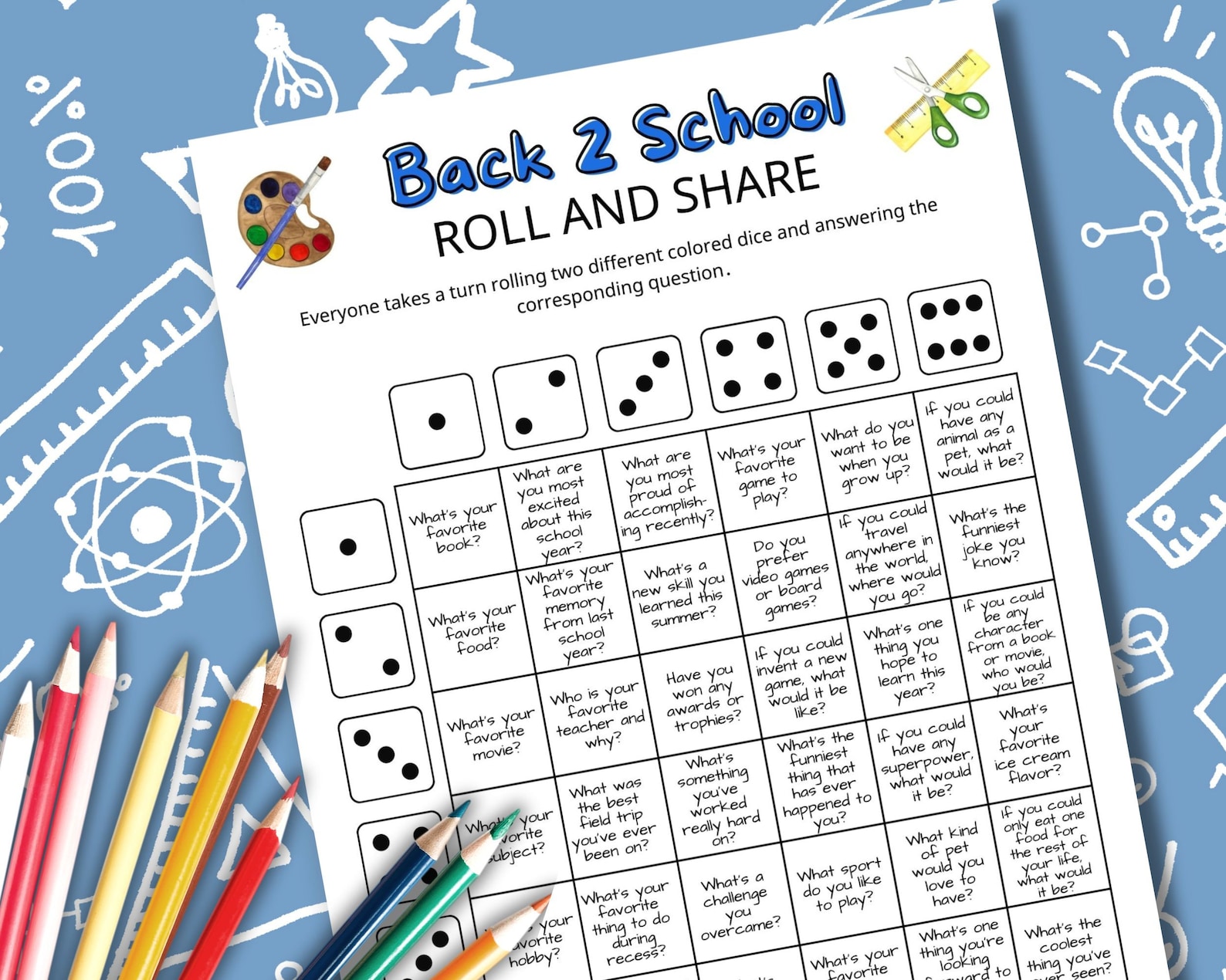 Back to School Dice Game, Roll and Share Game for Kids, Get to Know ...