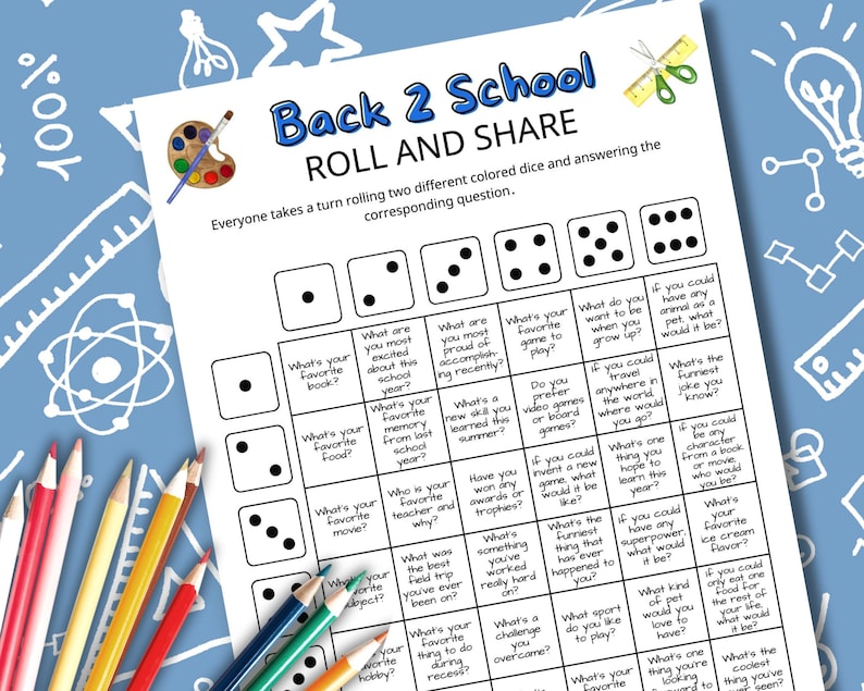 Back to School Dice Game, Roll and Share Game for Kids, Get to Know ...