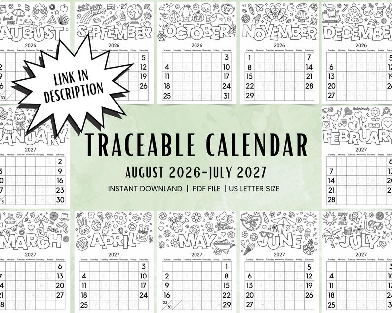 Traceable Monthly Calendar 2026-27, Coloring Calendar Printable ...