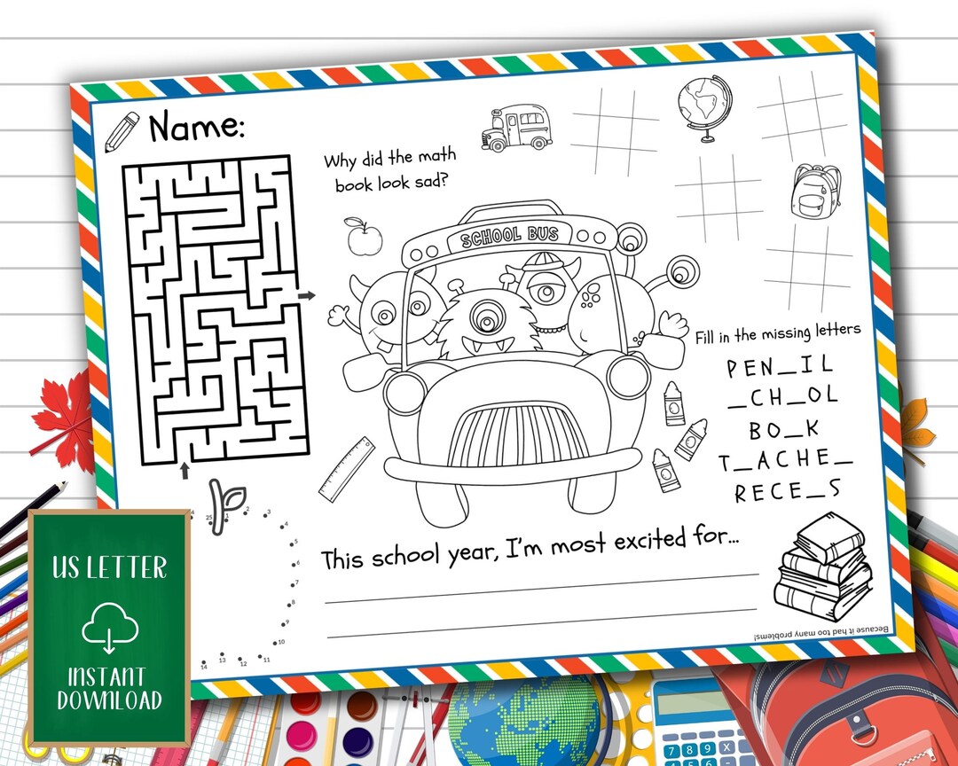 Activity Placemat Back to School, Welcome Back Coloring Placemat, First ...