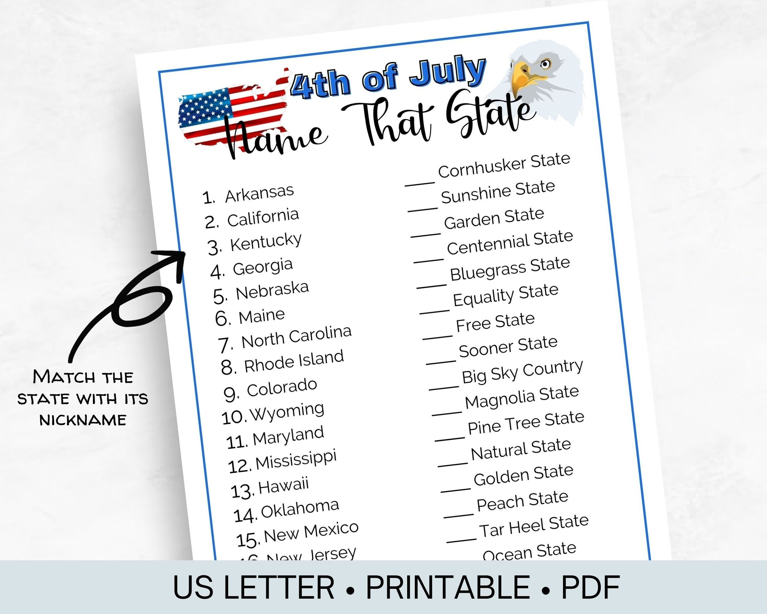 4th of July State Trivia Game, State Match up Game, Independence Games ...