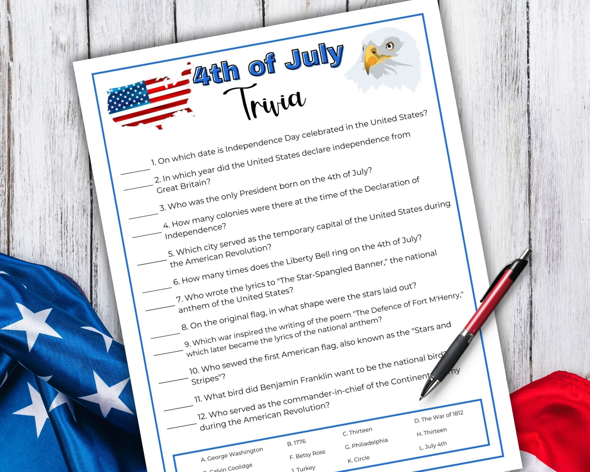 4th of July Trivia Questions Printable, Patriotic Trivia Questions and ...