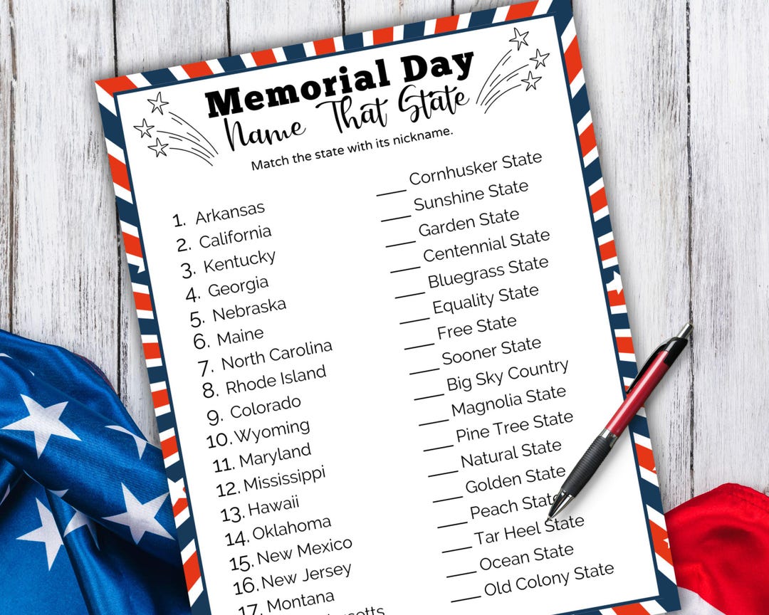 Memorial Day Games, Name the States Quiz, State Matching Game, Memorial ...
