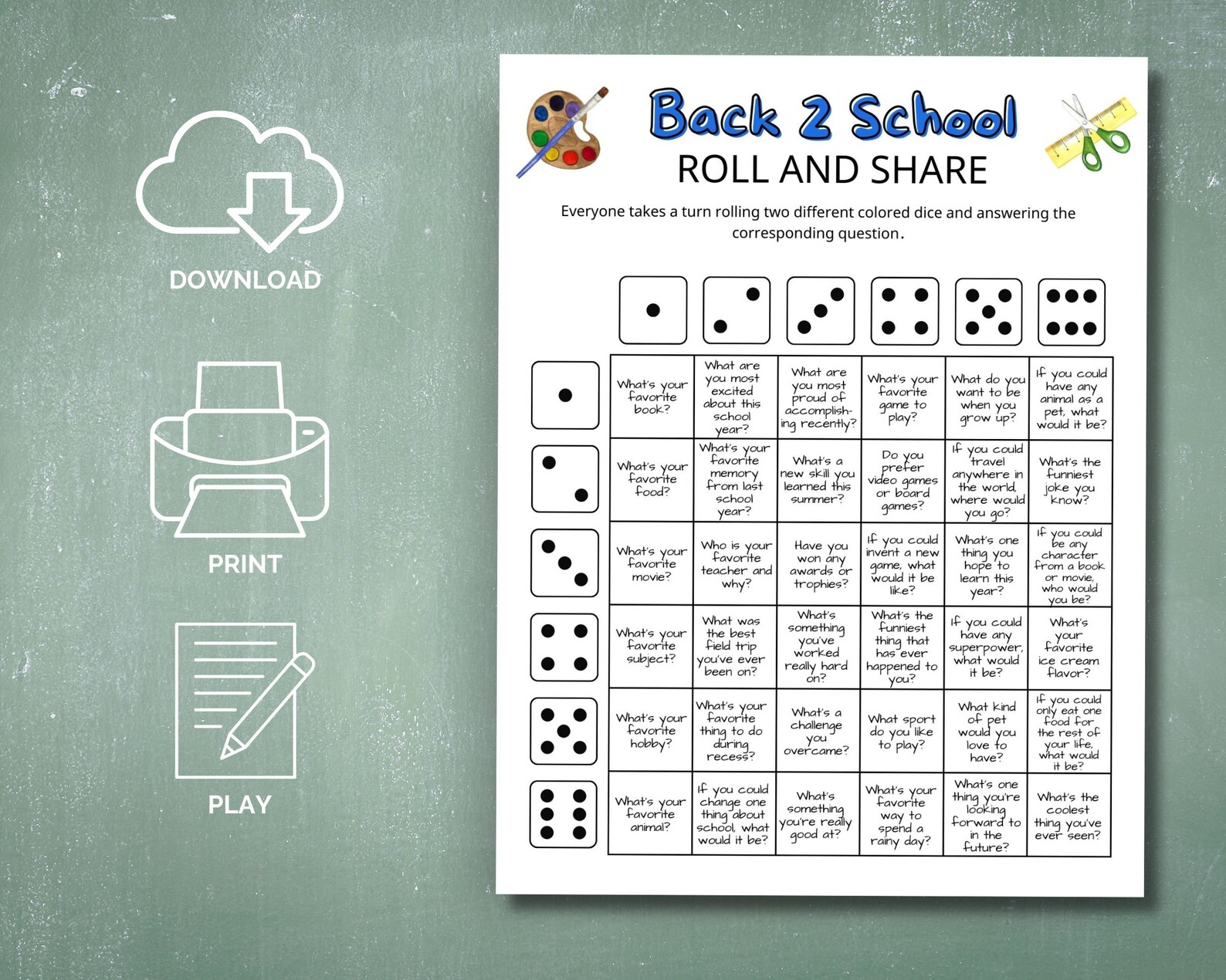 Back to School Dice Game, Roll and Share Game for Kids, Get to Know ...