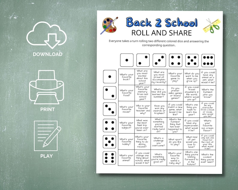 Back to School Dice Game, Roll and Share Game for Kids, Get to Know ...