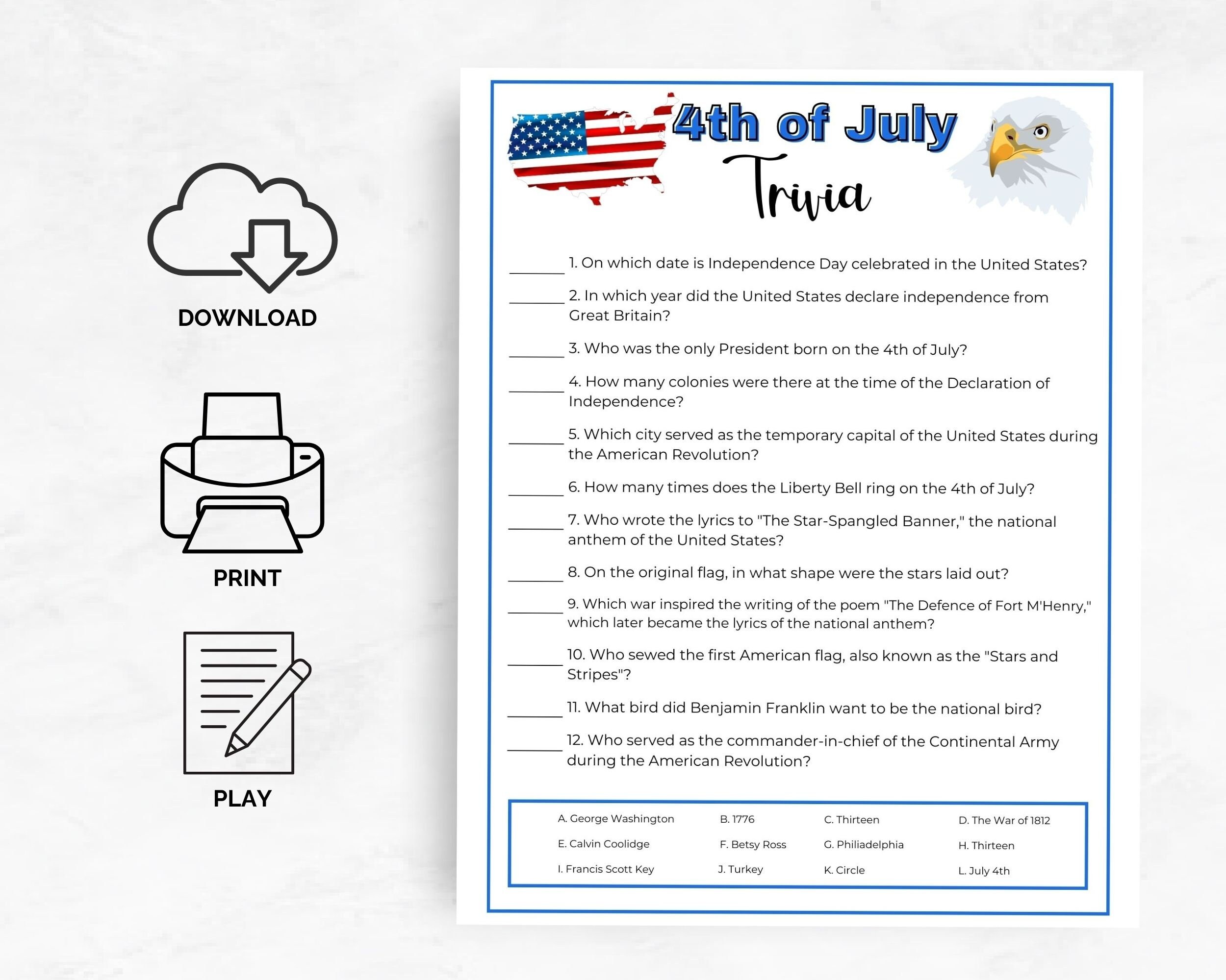 4th of July Trivia Questions Printable, Patriotic Trivia Questions and ...