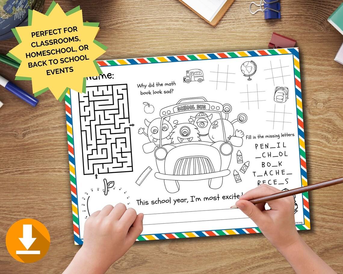 Activity Placemat Back to School, Welcome Back Coloring Placemat, First ...