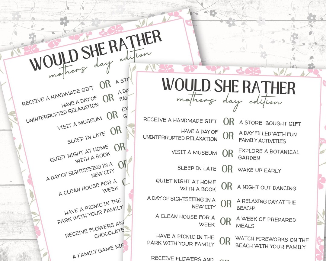 Who Knows Mom Best Game, Would She Rather Printable, Mother's Day Would ...